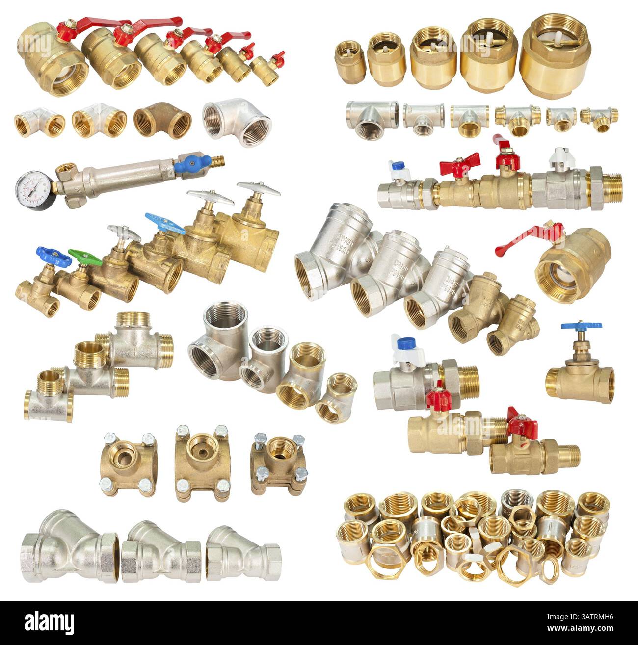 Many brass (copper) fittings, valves, filters, isolated in a set Stock ...