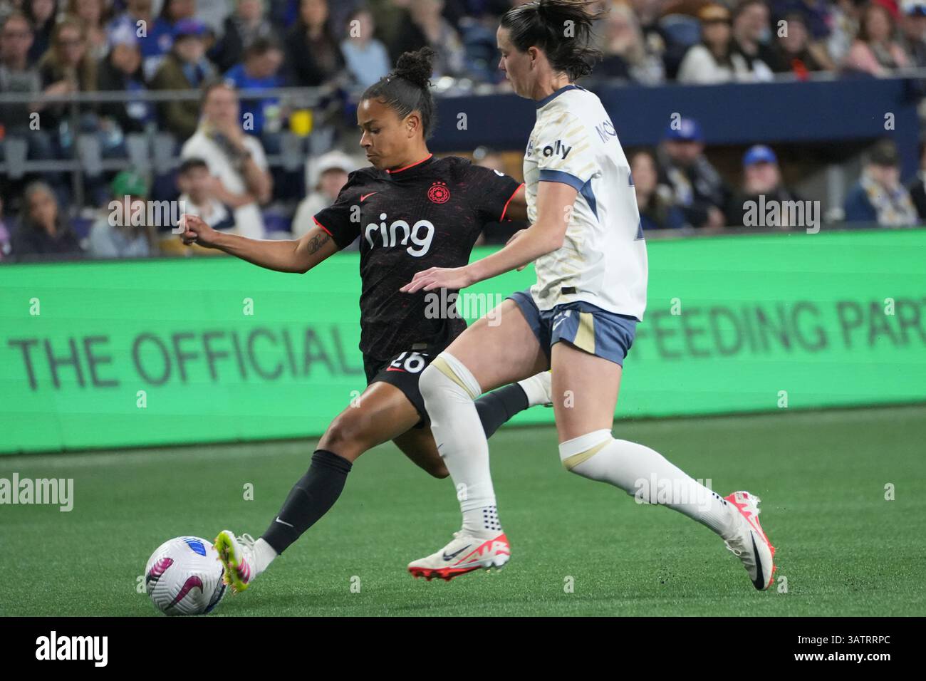 Portland Thorns FC midfielder Marie-Yasmine Alidou lines up a shot with ...