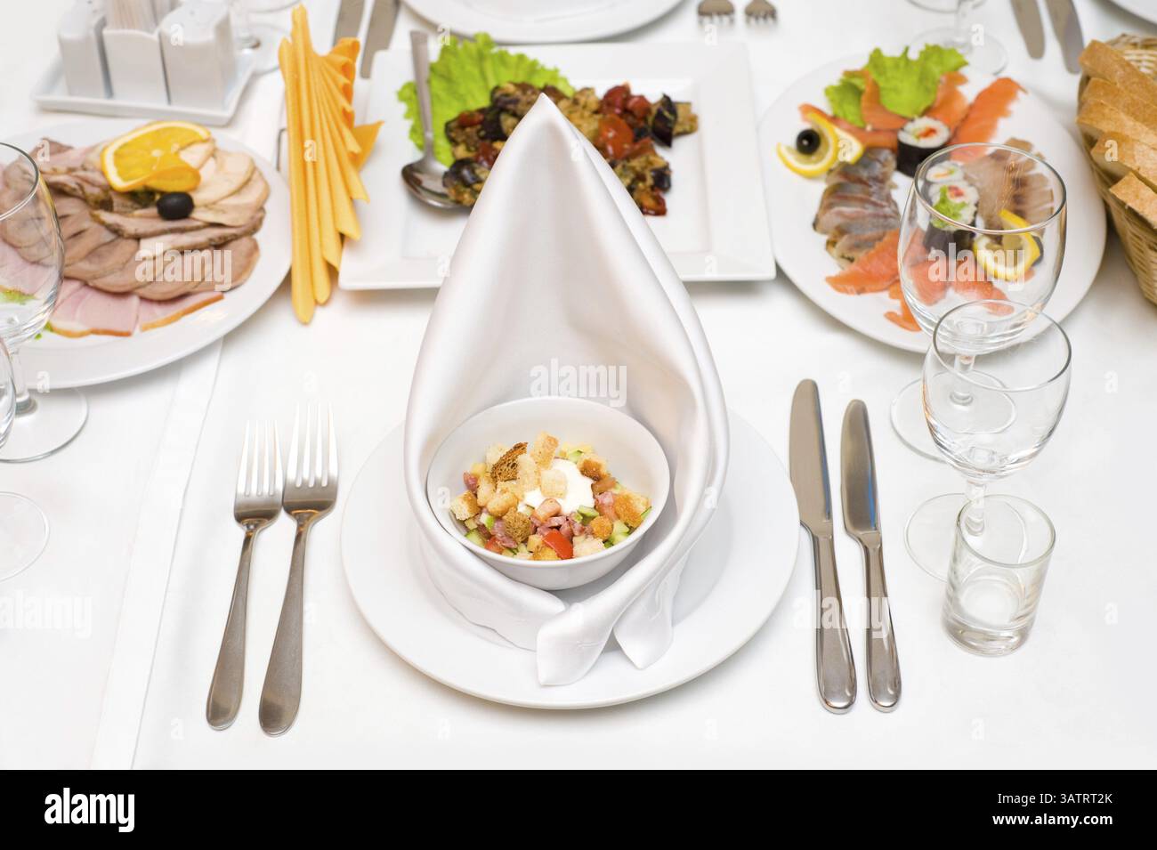 Served dinner for one person at laid restaurant banquet table Stock ...