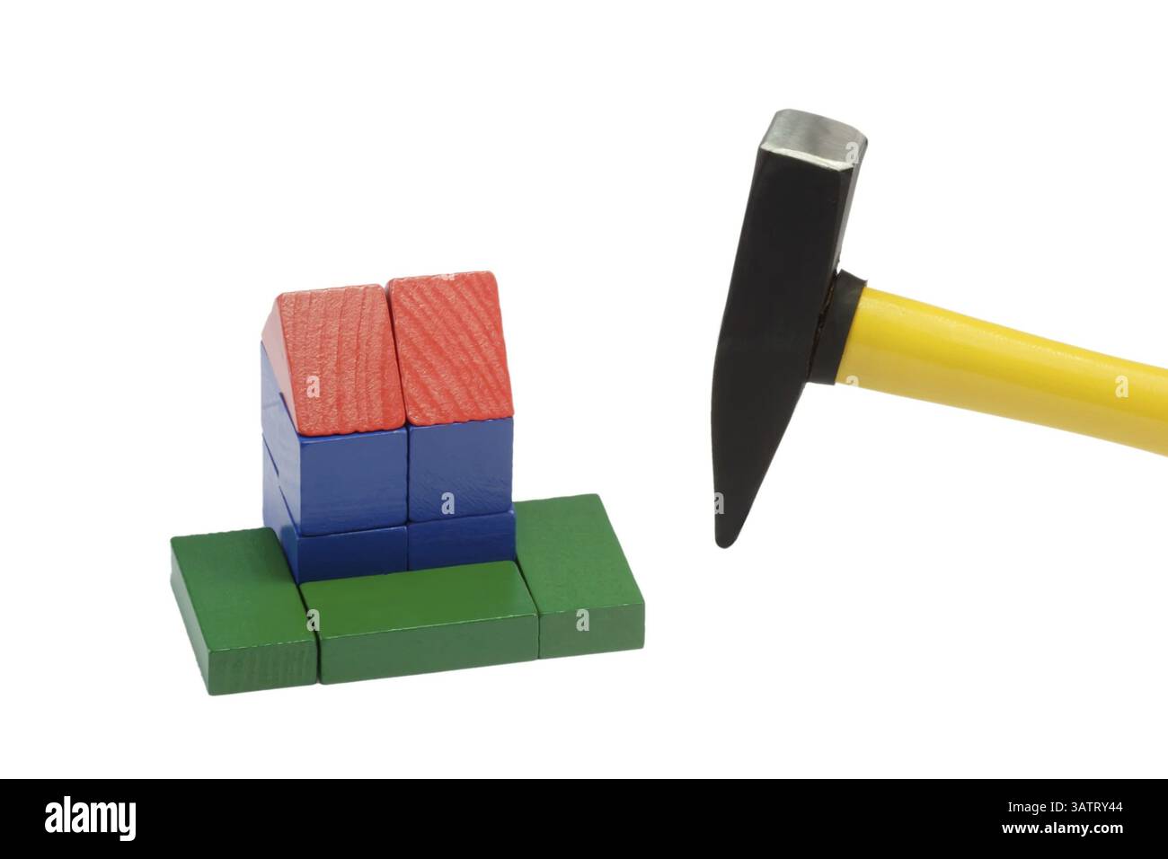 Wood from building blocks with hammer - isolated on white background ...