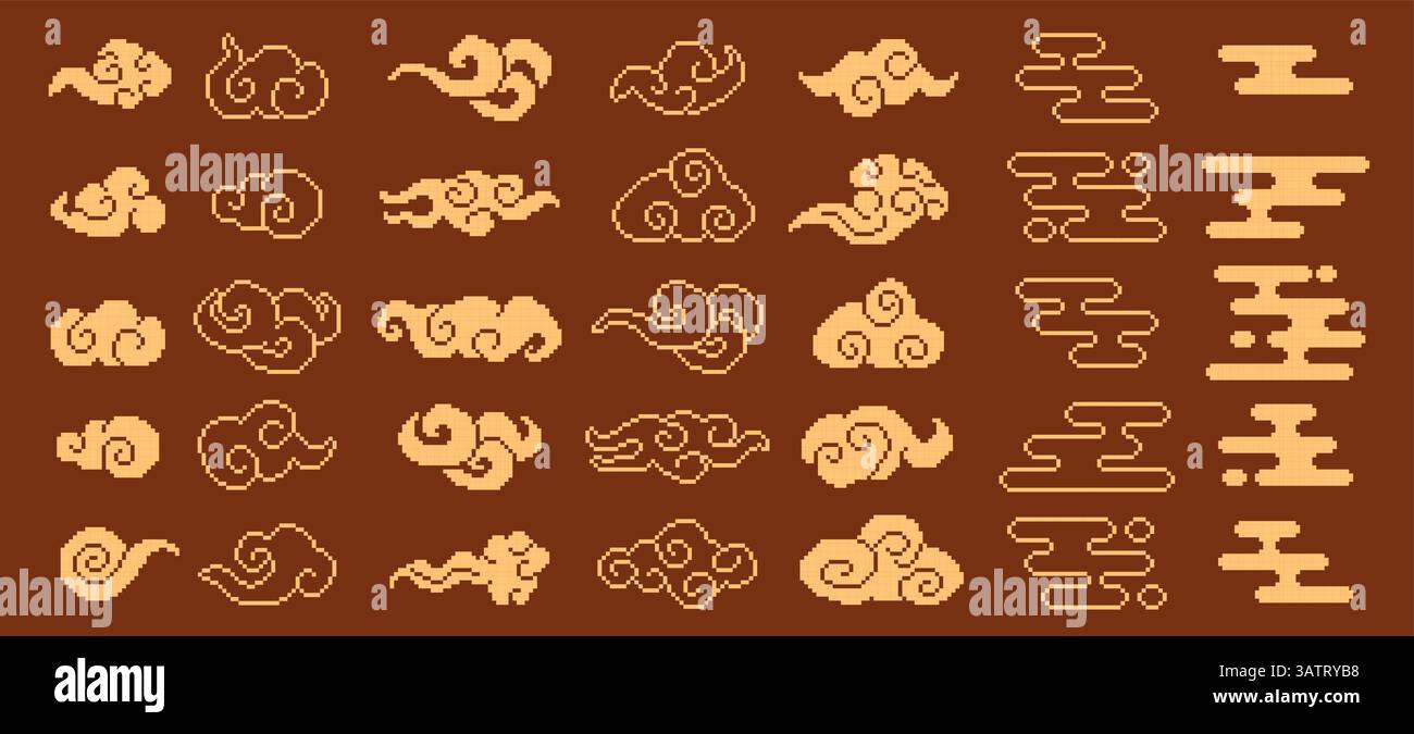 Pixel art oriental lucky clouds. Asian cloud shapes, pixelated Japanese ...