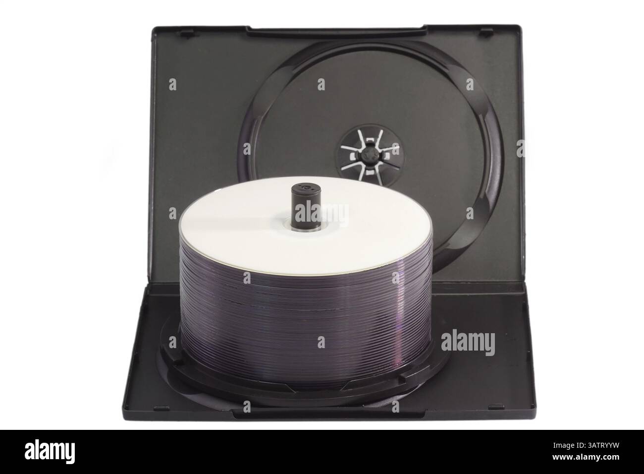 Data backup system on white background DVD CD stack in box isolated on ...