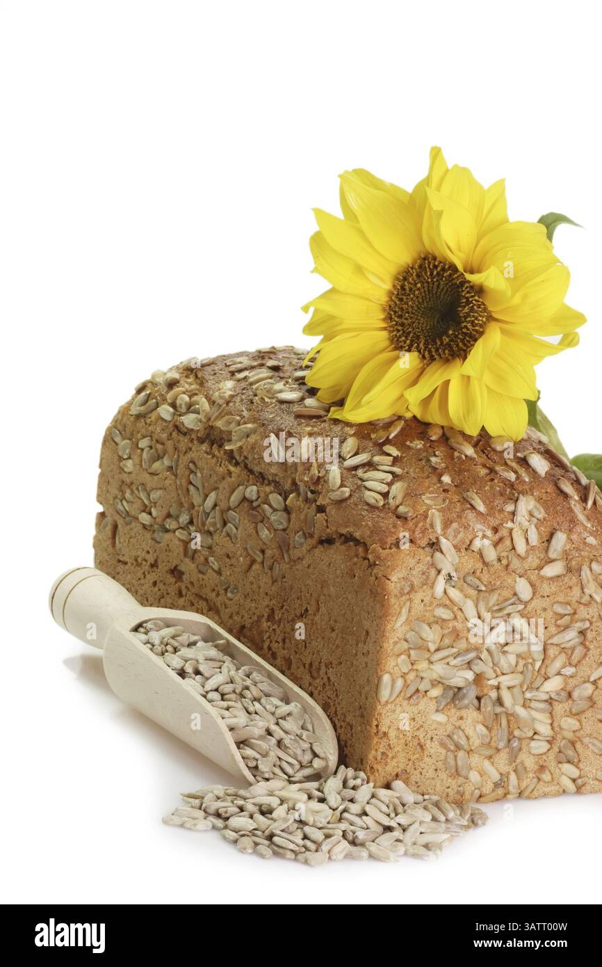 Whole loaf with sunflower seeds and flower on a white background Stock ...