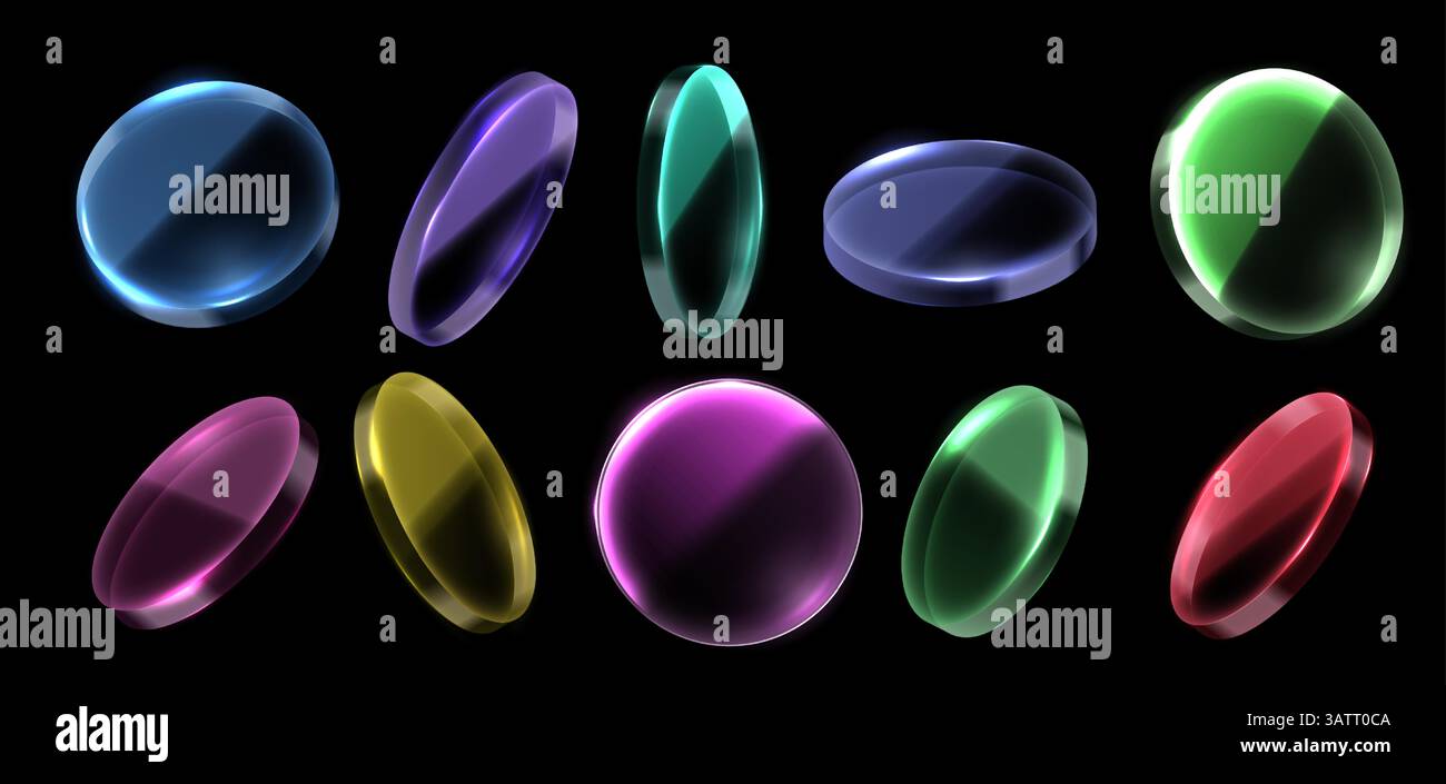Color glass discs. Tinted lens, colorful transparent circle and toned ...