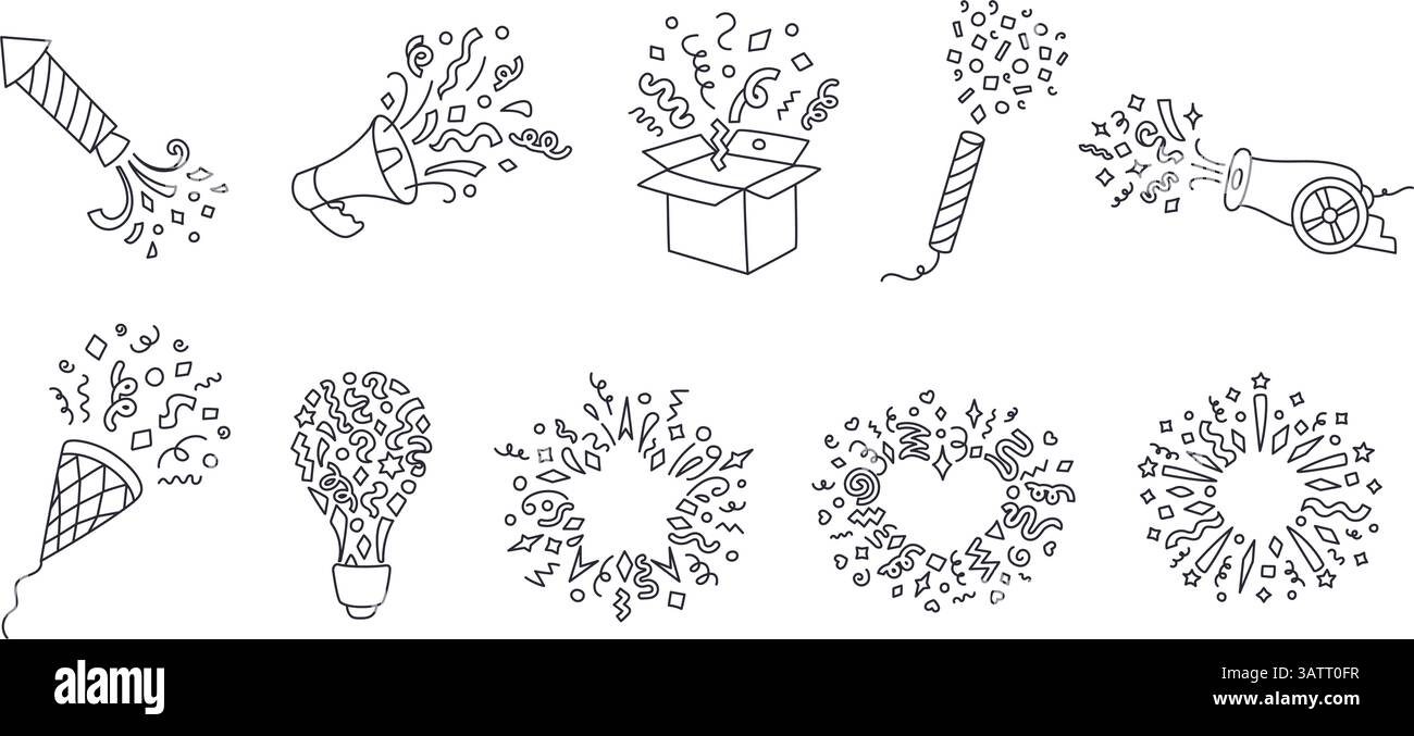 Hand drawn confetti blast. Party popper doodle, celebration burst and ...