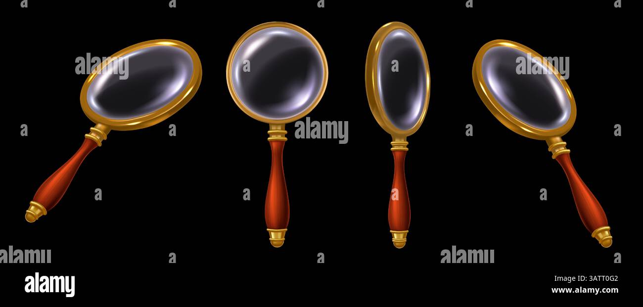 Vintage magnifying glass. Search magnifier, golden loupe with wooden handle. Detective research ...