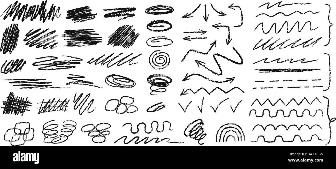 Crayon scrawls. Charcoal sketch squiggly lines, hatched shapes, hand ...