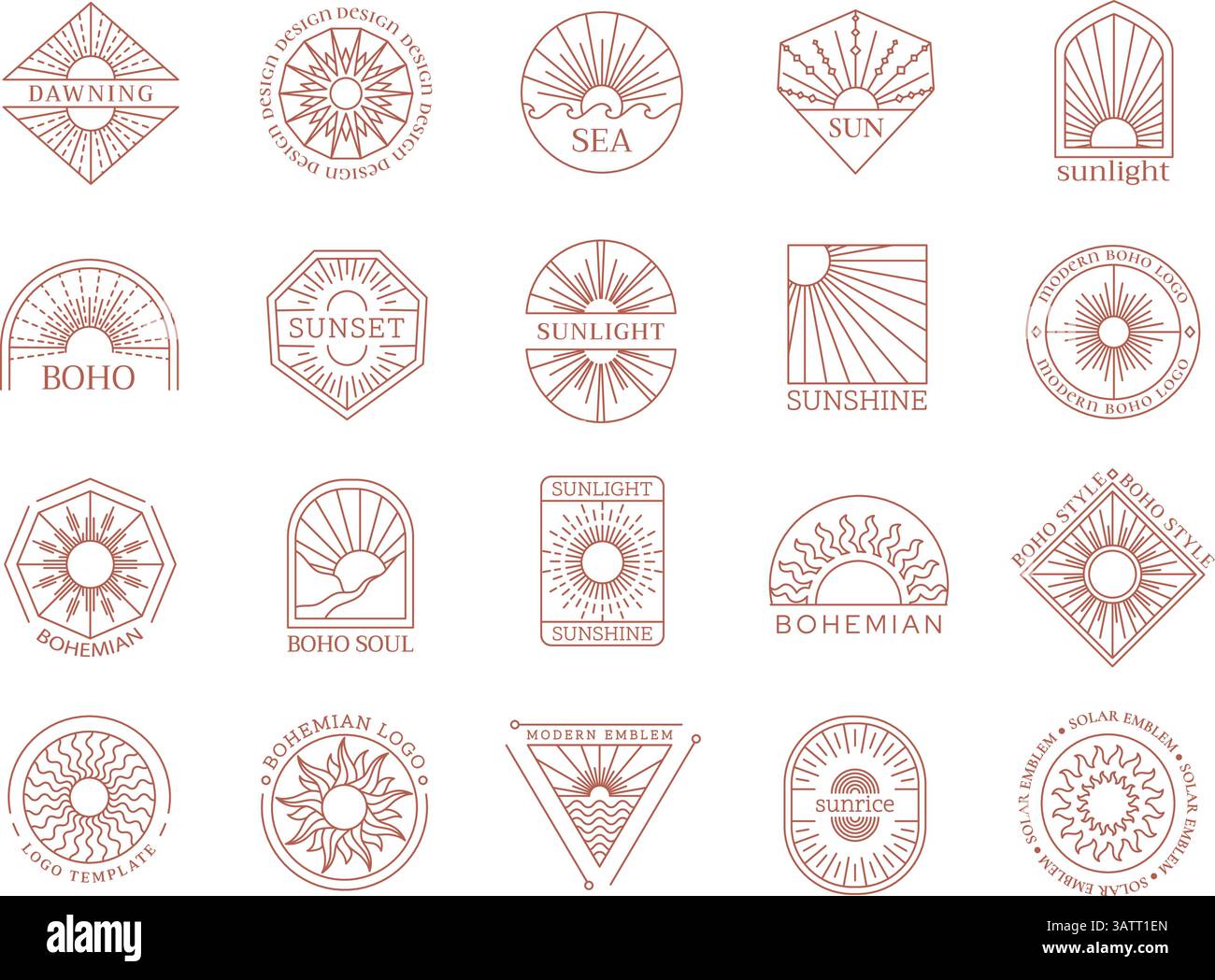 Bohemian sun emblem templates. Boho sunrise sun, minimalist sunset ...