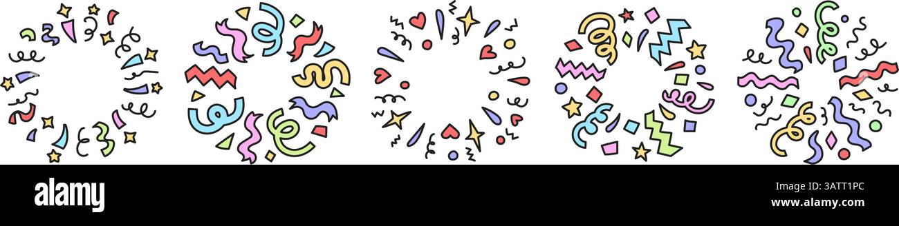 Radial hand drawn confetti. Celebration burst borders, doodle confetti ...