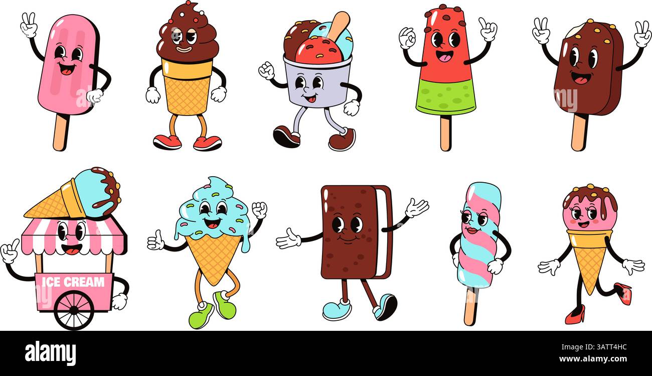 Retro cartoon ice cream characters. Funny smiling popsicle, ice cream ...