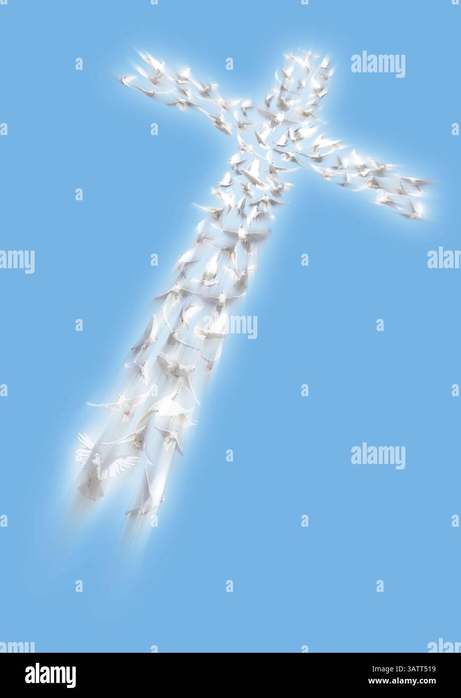 Cross of white doves flying in perspective - collage, dove is the ...