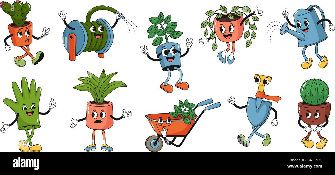 Retro cartoon gardening characters. Groovy garden tool mascots and 30s ...