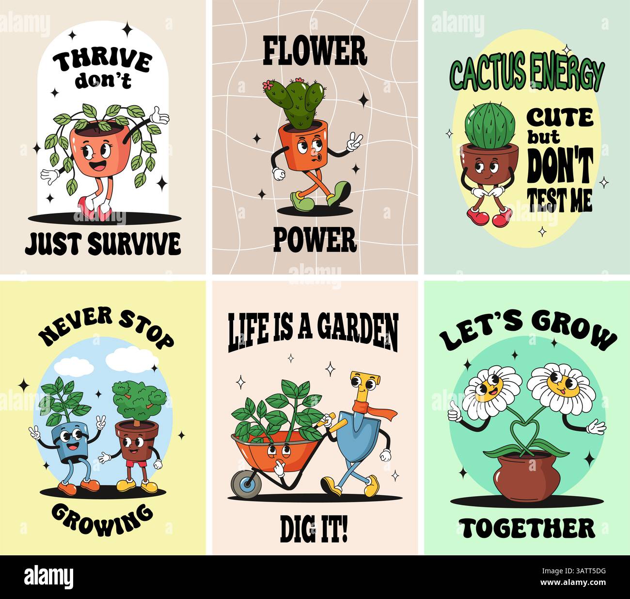 Retro cartoon gardening posters. Groovy motivational prints with ...