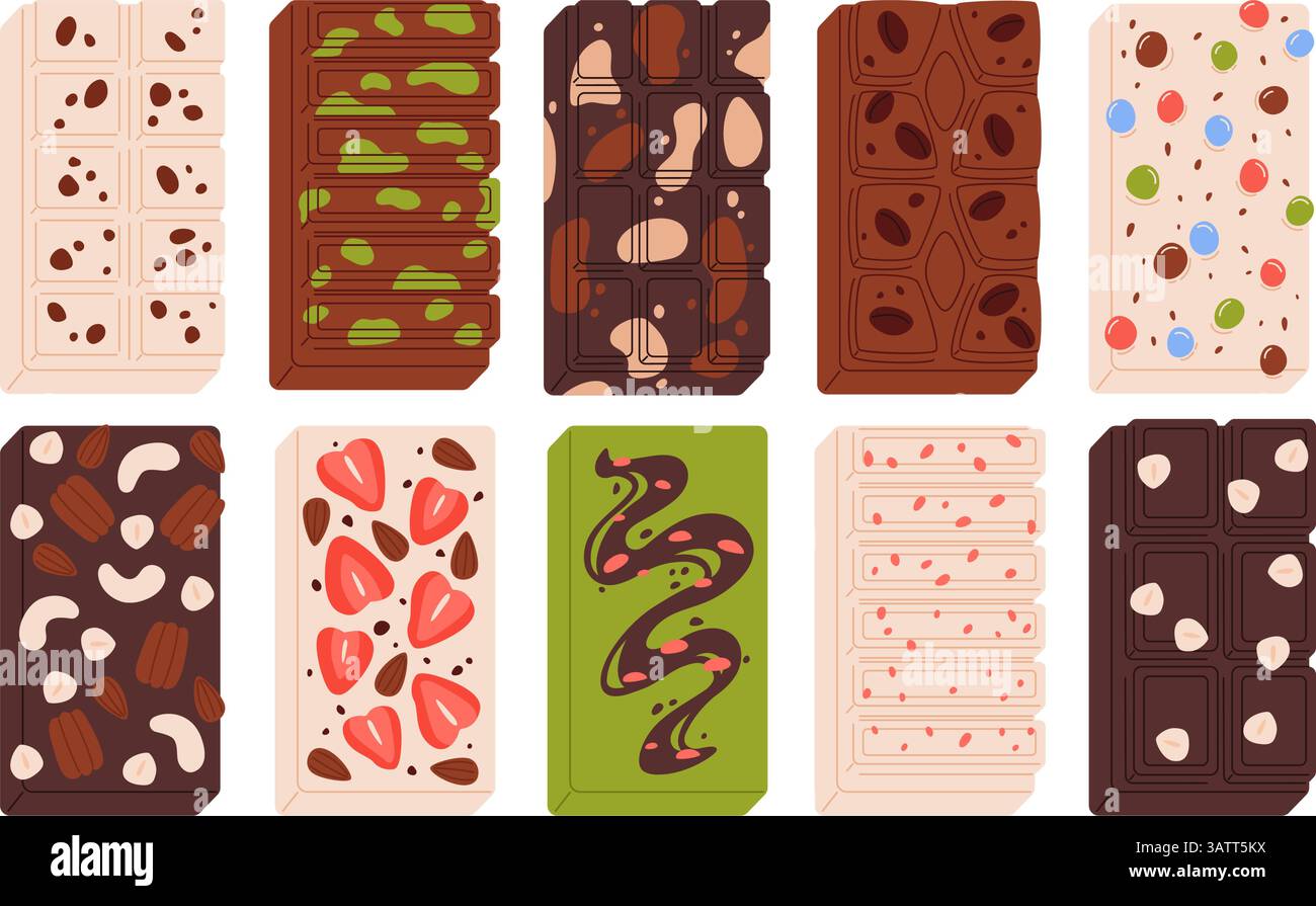 Assorted chocolate bars. Dark, milk and white chocolate bar types with ...