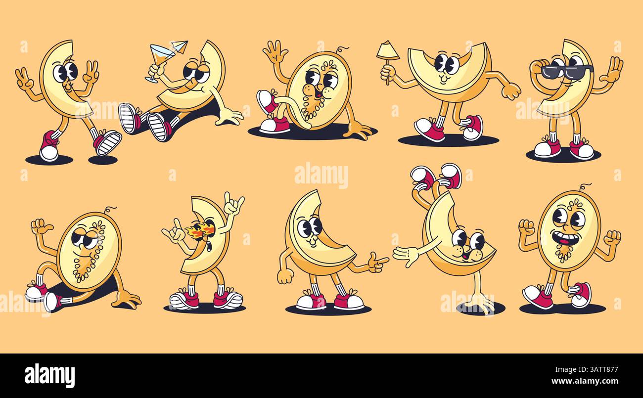 Retro cartoon melon characters. Groovy fruit mascots, vintage 30s ...