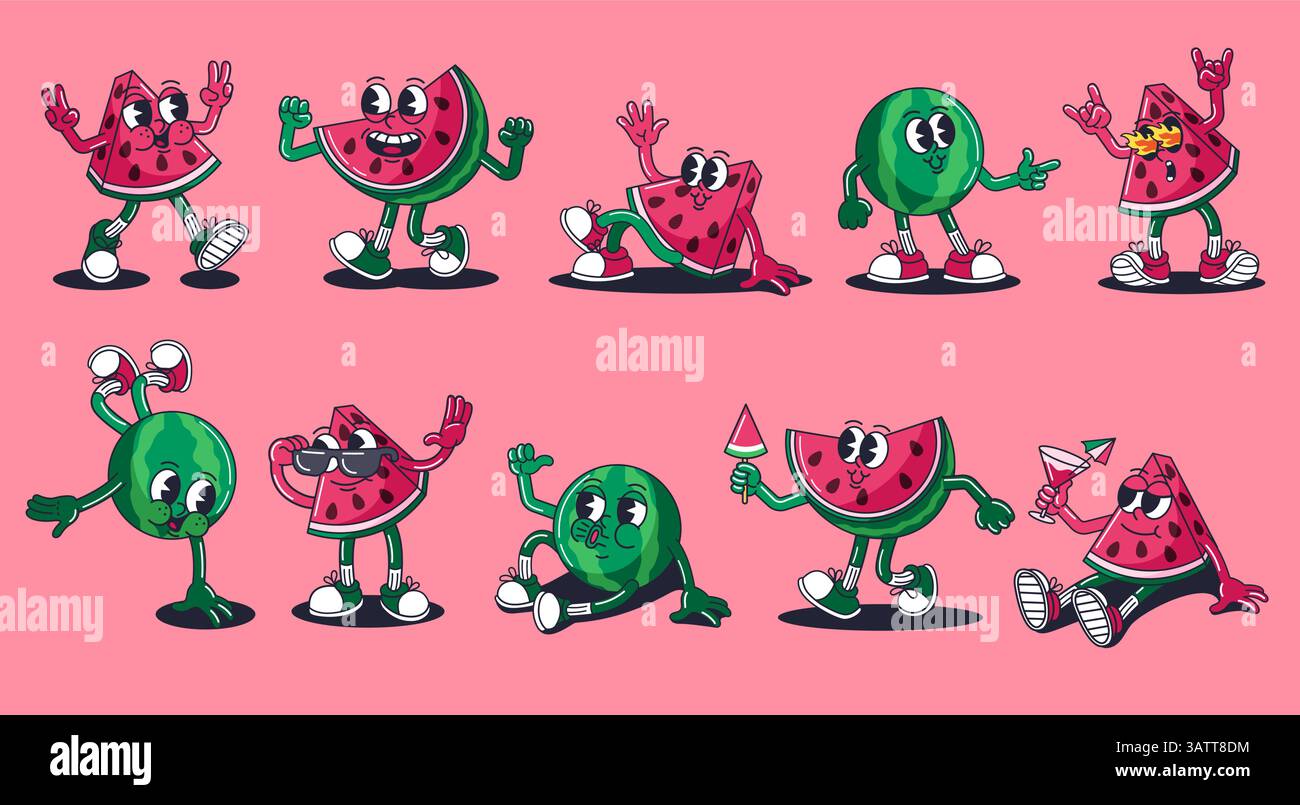 Retro cartoon watermelon characters. Groovy fruit mascots, vintage 30s ...