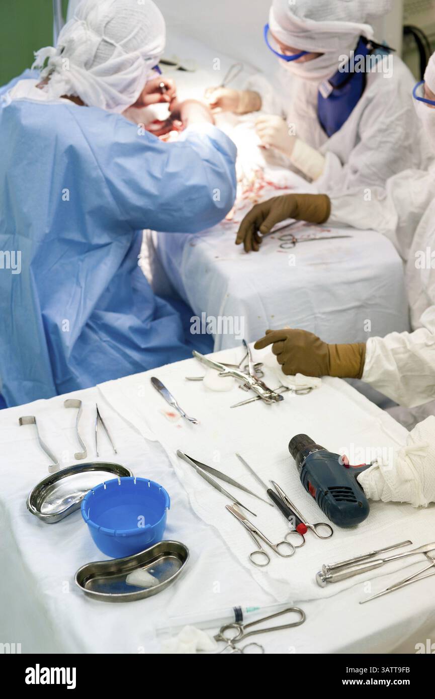 Surgical instruments on a table in a real operating room Stock Photo ...