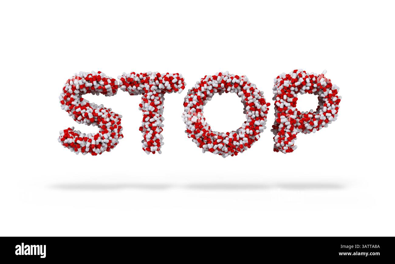 the text STOP covered with red and white capsules - 3D rendering ...