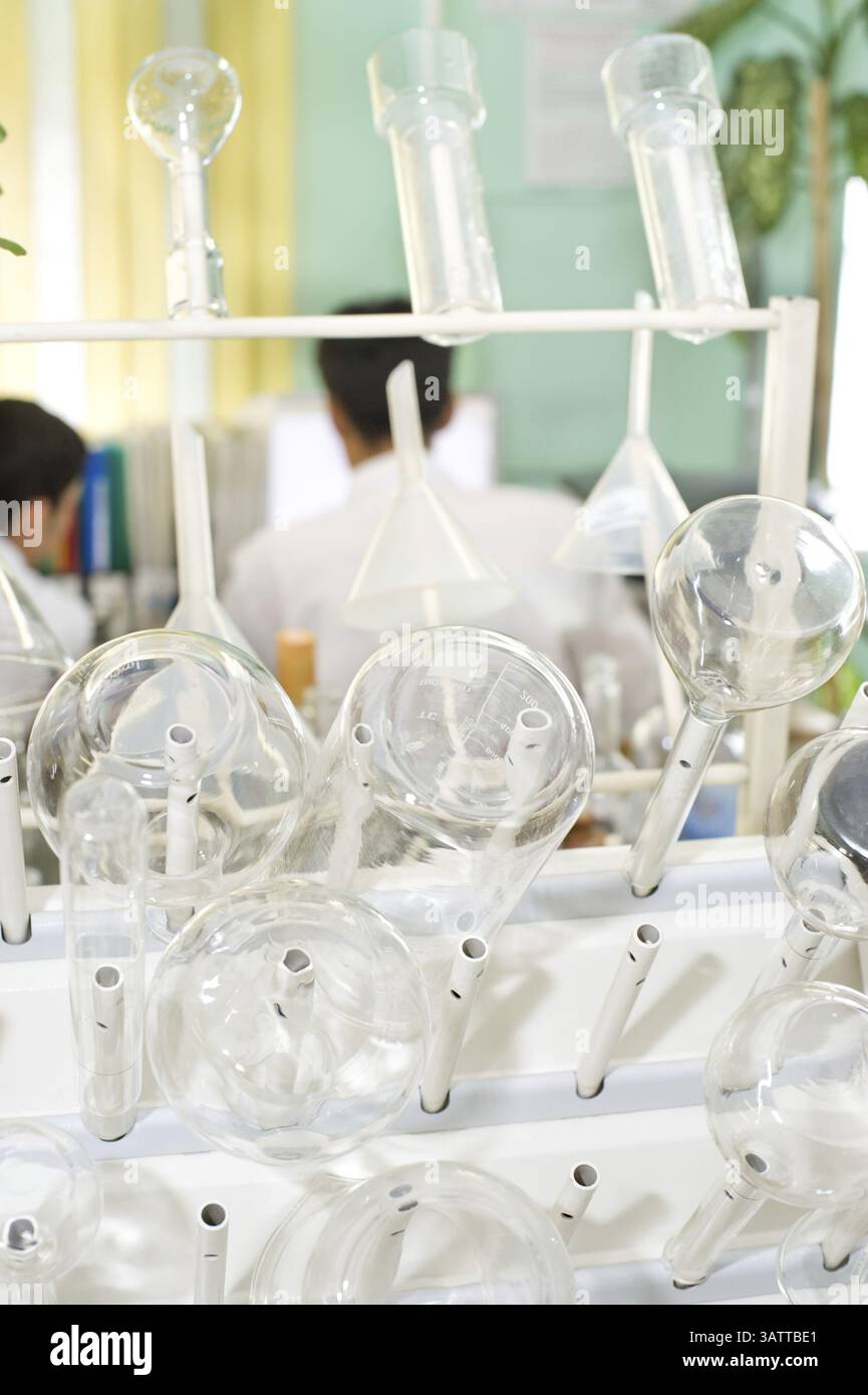 Glass flasks and graduates in a chemical analysis laboratory Stock ...
