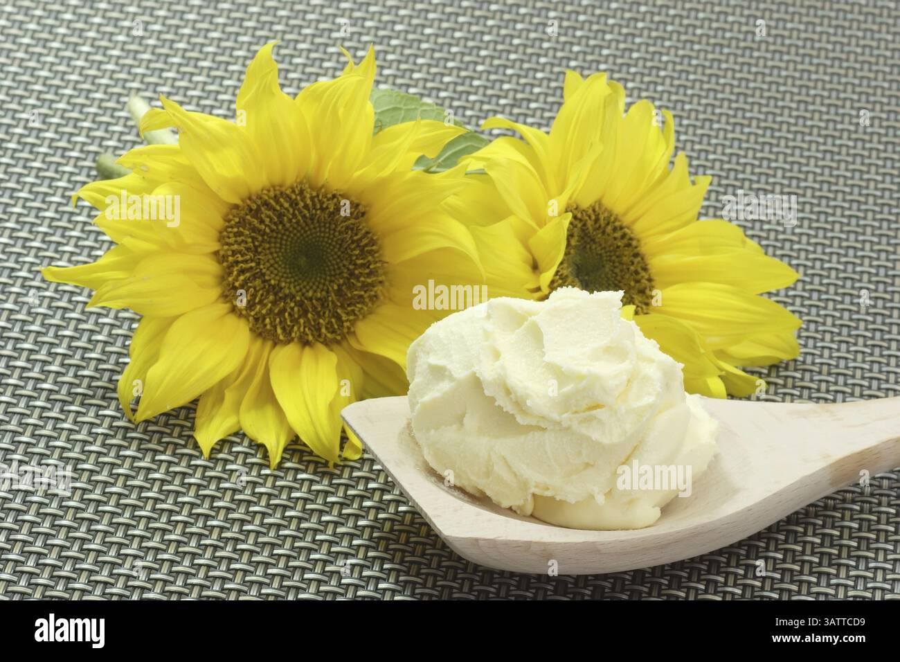Vegetable margarine on a wooden spoon with sunflowers on a grey ...