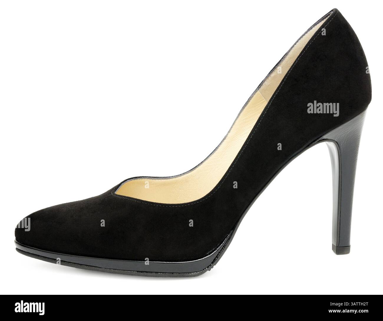 A black suede ladies shoe on a spike heel, isolated Stock Photo - Alamy