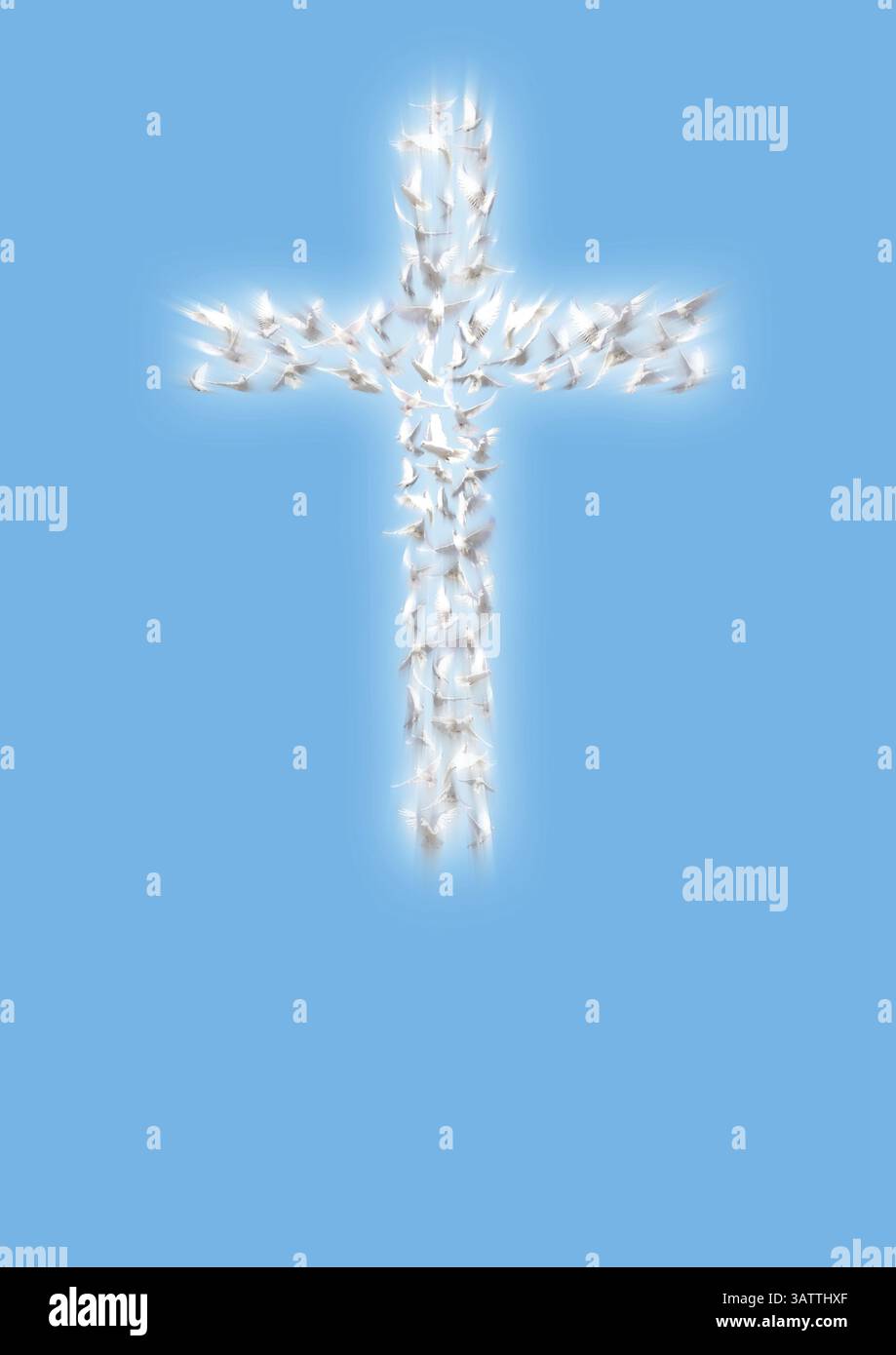 Cross of white flying doves - collage, dove is the symbol of Holy Spirit, which descended on ...