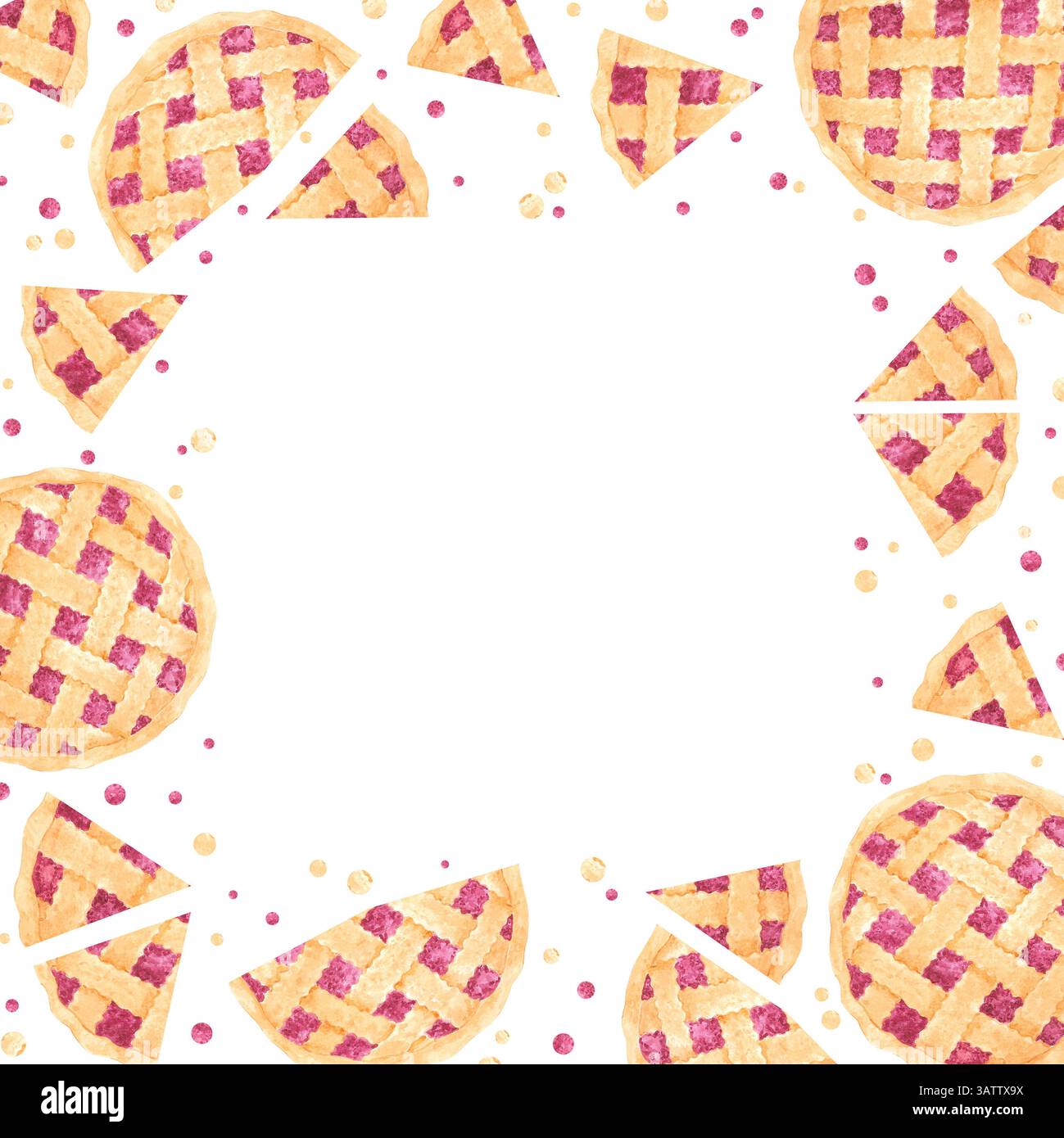 Hand drawn watercolor berry pie and polka-dot frame border ...