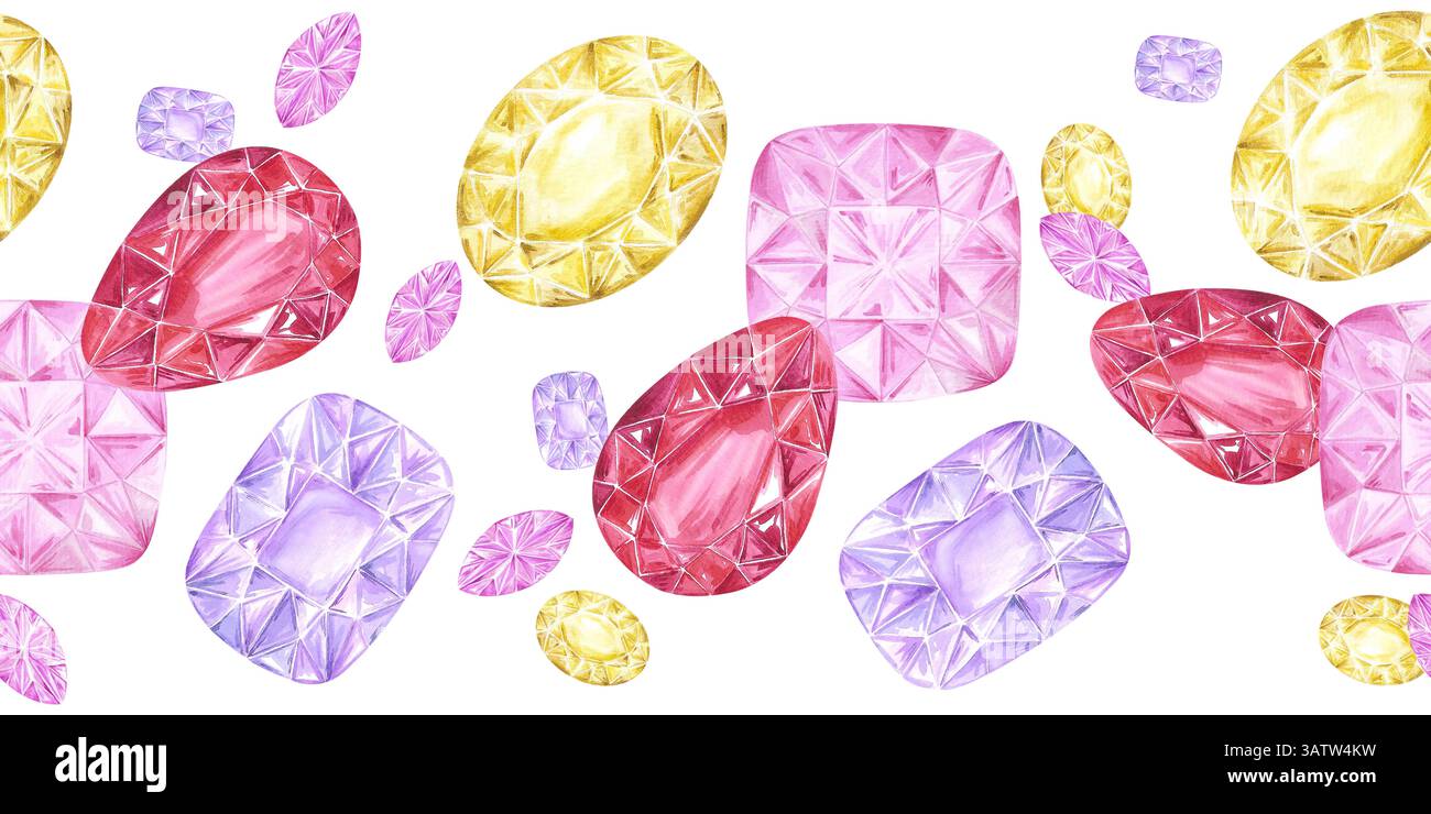 Hand drawn watercolor gemstones Sapphire citrine and amethyst seamless ...