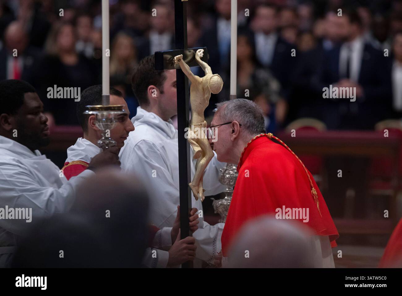 Vatican city, Vatican, 18 April 2025. Cardinal Pietro Parolin attends ...