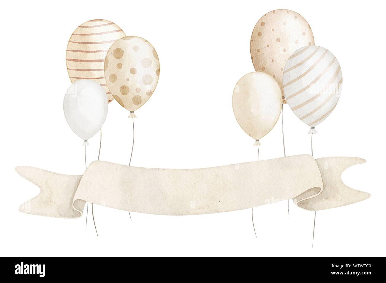 Watercolor Birthday Banner with Balloons and ribbon in pastel colors ...
