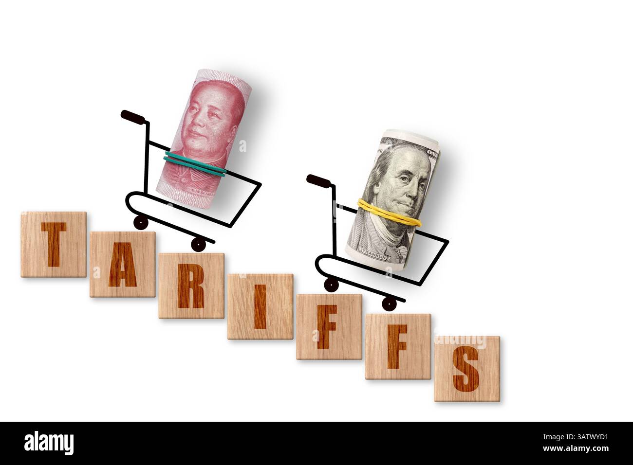 100 yuan and dollars on a white background with word TARIFFS. Trade ...