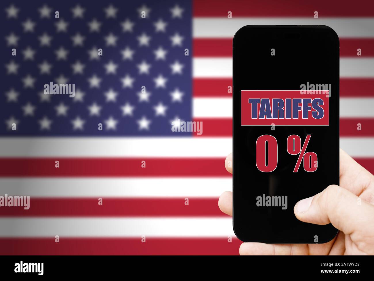 Phone in hand with word TARIFFS. Trade, duty, customs and tariffs war ...
