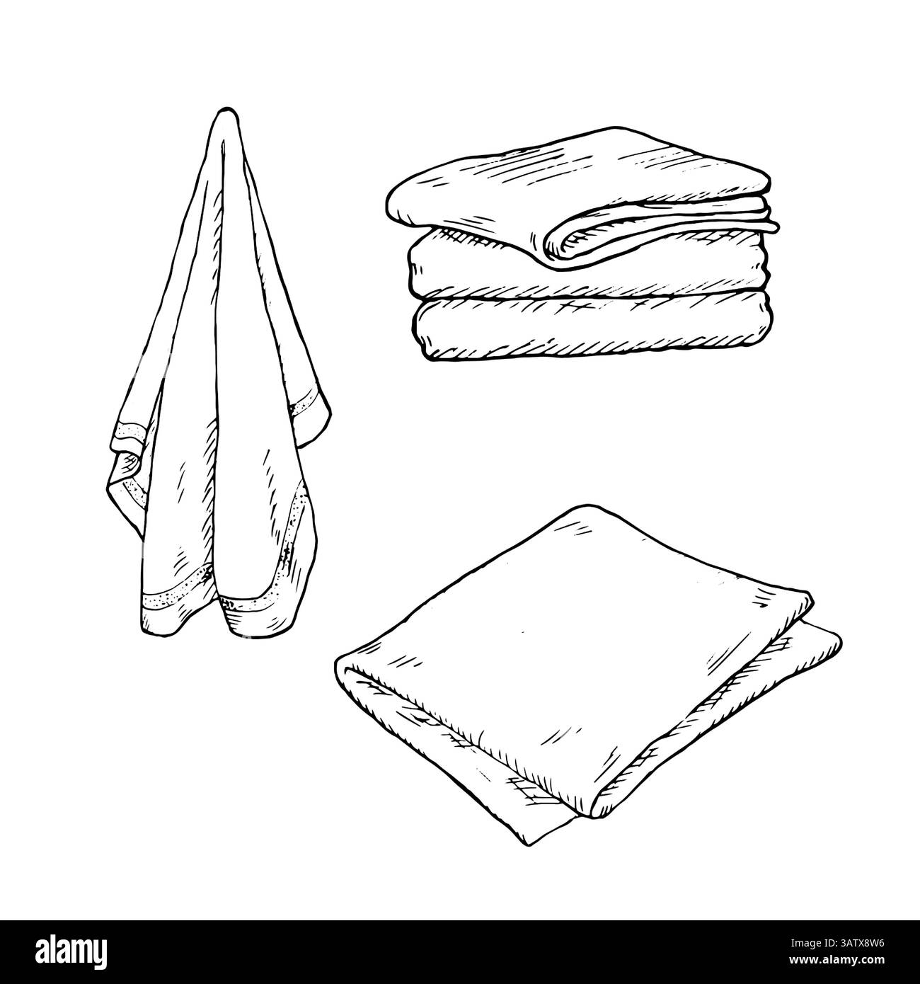 Hanging kitchen towels and stack of linen napkins black and white ink ...