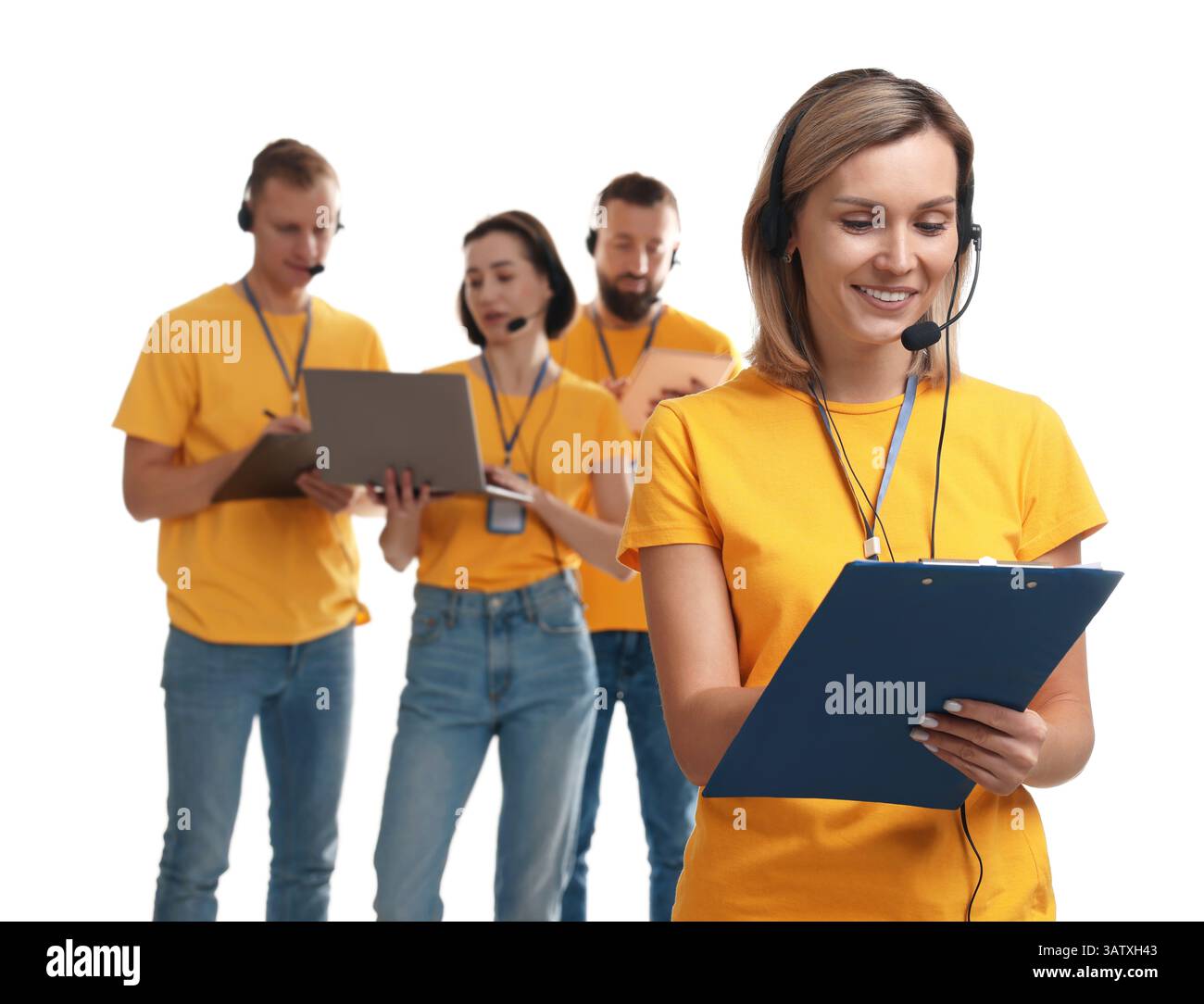 Technical support call center. Team of friendly operators on white ...