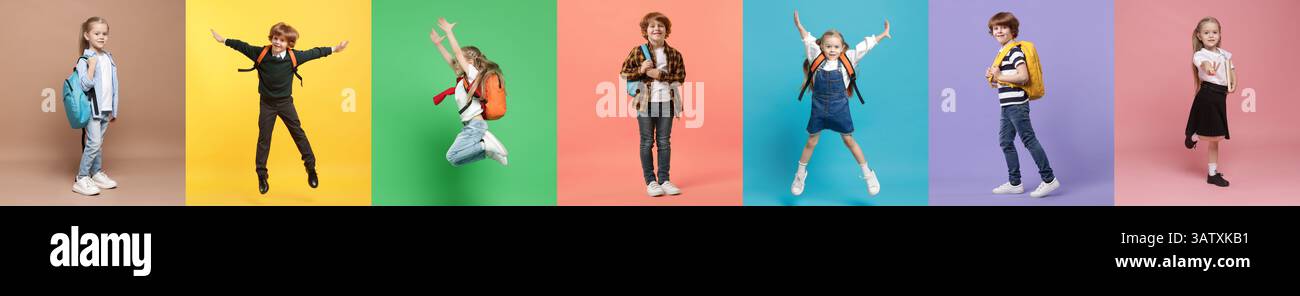Cute school children on different color backgrounds, collage of photos ...