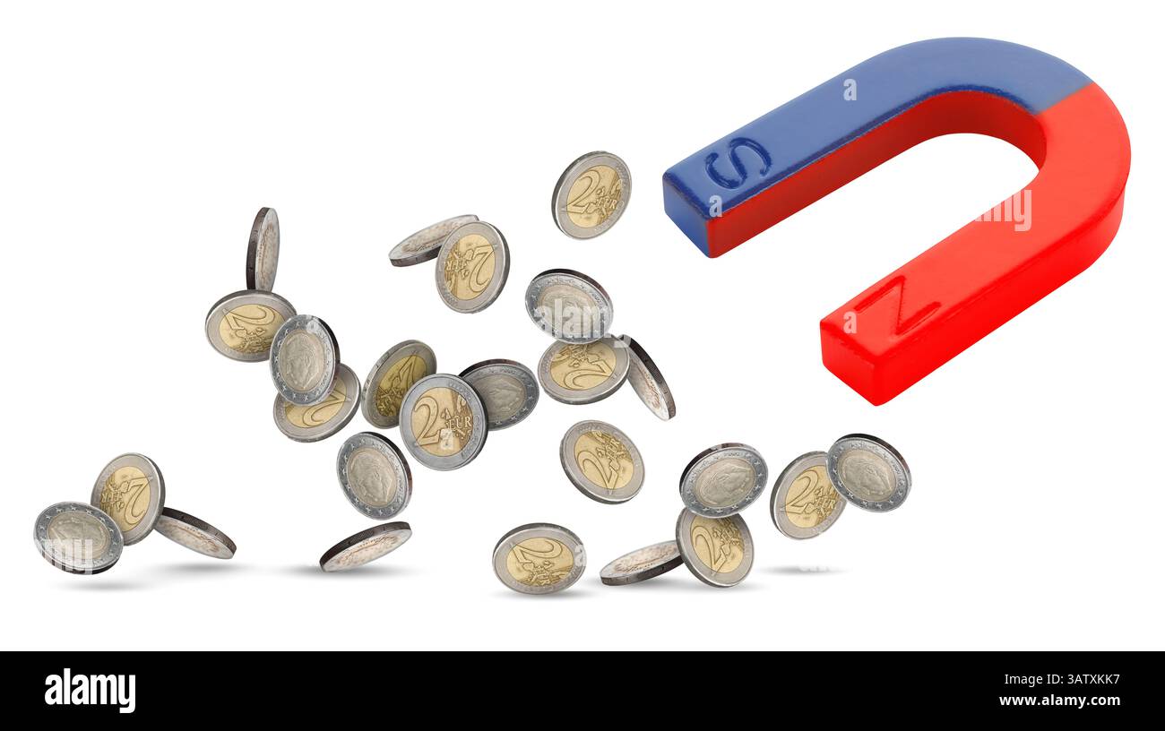 Horseshoe magnet attracting coins on white background Stock Photo - Alamy