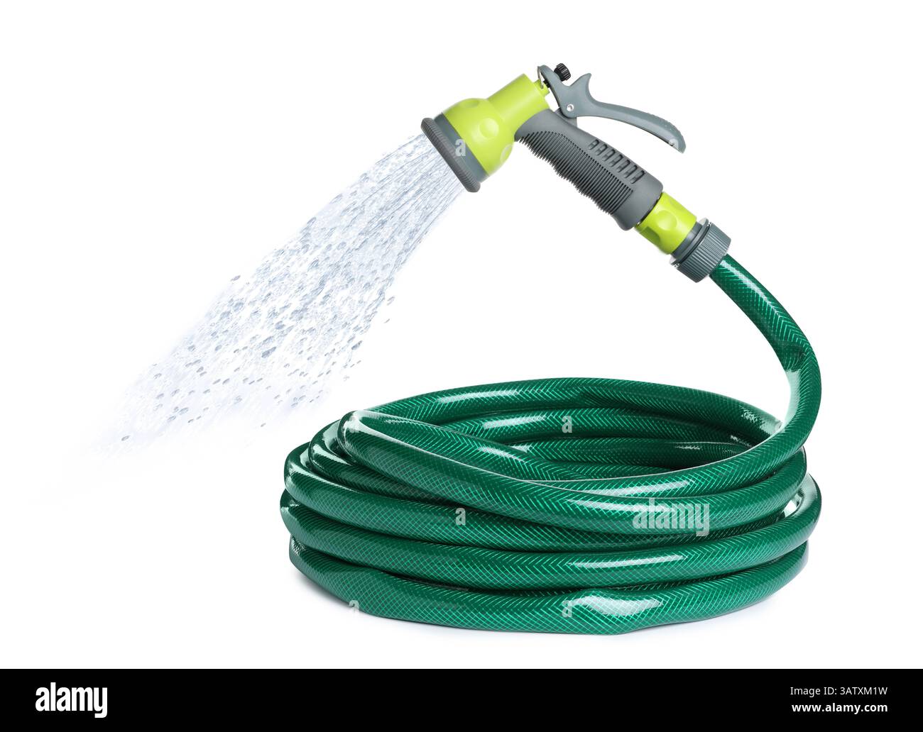Rubber watering hose spraying water on white background. Gardening ...