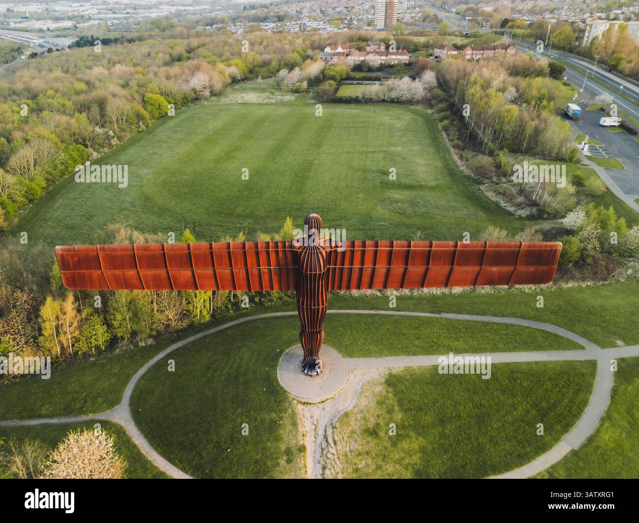 Gateshead UK: 13th April 2025: Dawn light illuminating the Angel of the ...