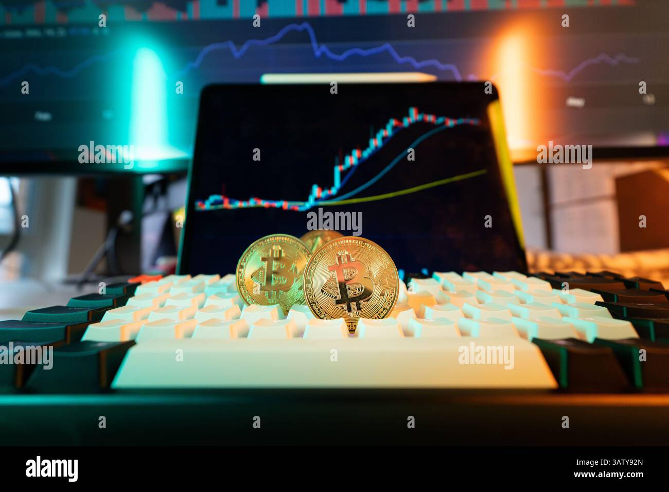 crypto currency gold coins analytics chart background office studio ...