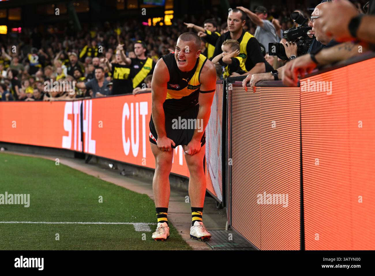 Melbourne, Australia. 19th Apr, 2025. Sam Lalor of Richmond reacts ...