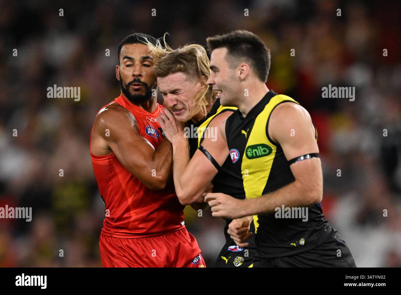Melbourne, Australia. 19th Apr, 2025. Touk Miller of the Suns (left ...