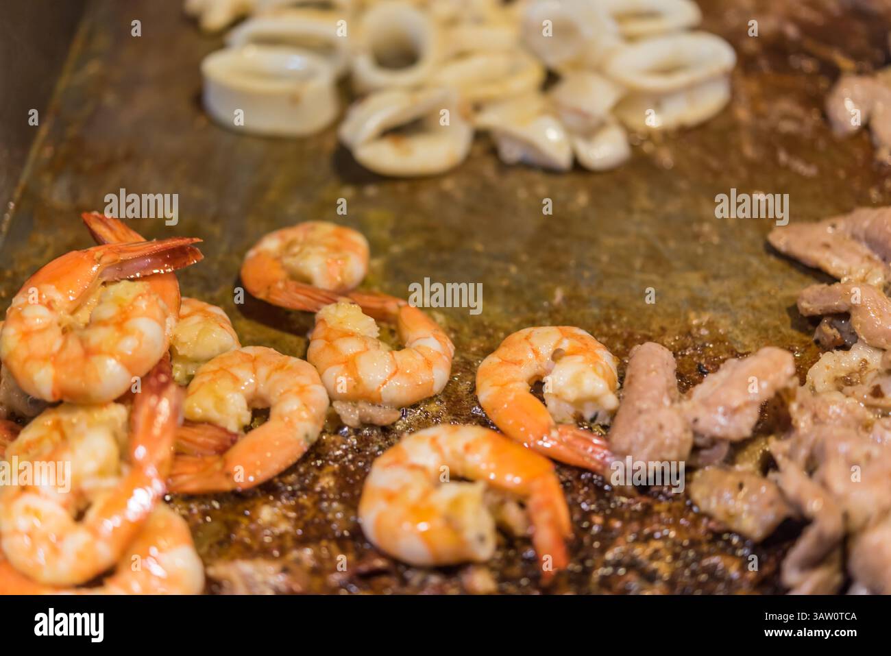 Grilled raw meat beef and pork with shrimp and squid (barbeque, bbq) a ...