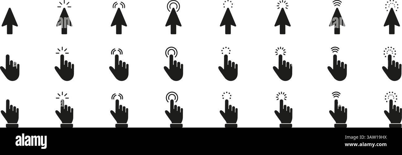 Arrow And Hand Cursor Solid Icon Set. Click And Tap Gesture Silhouette Symbol Collection ...