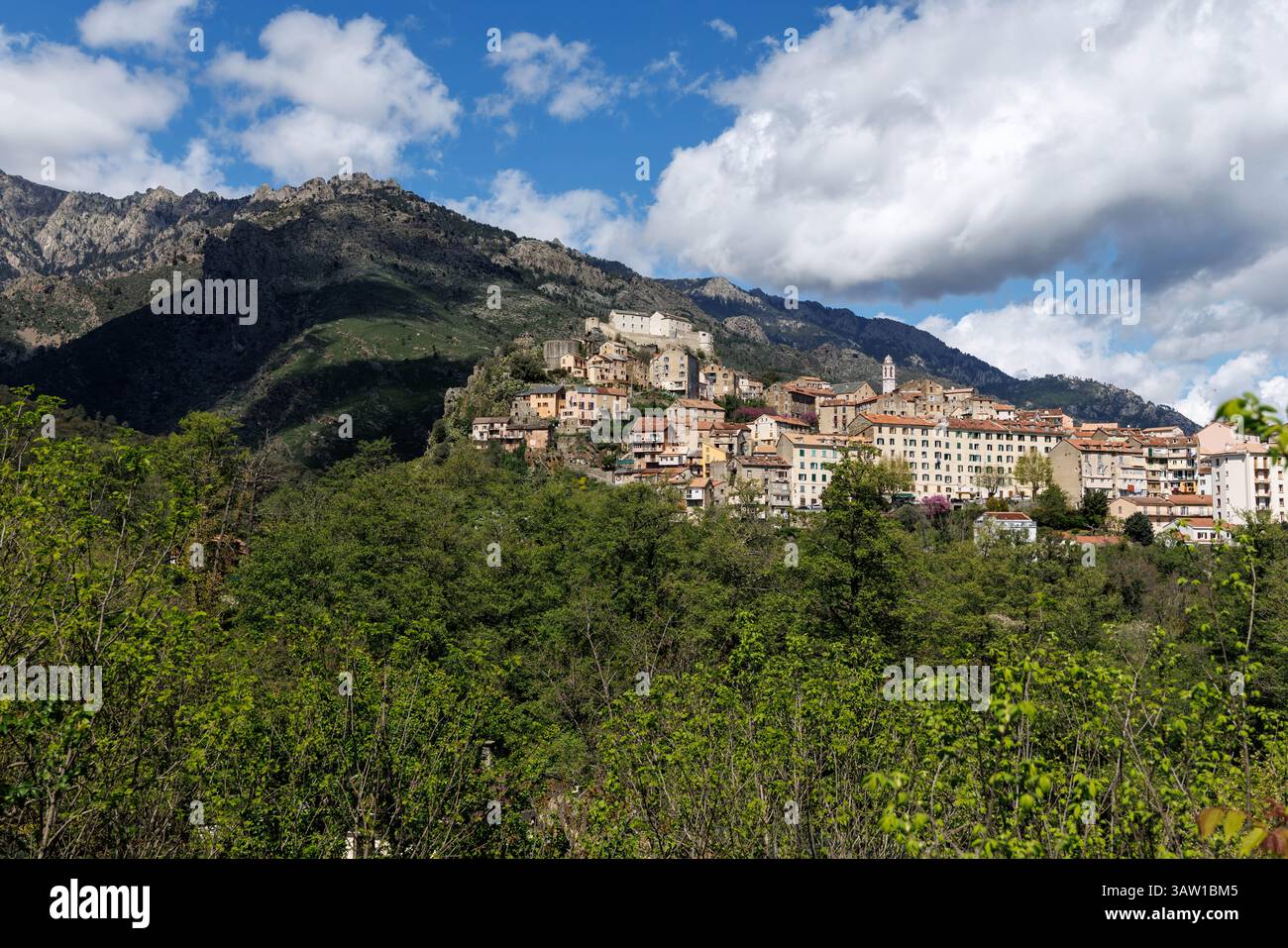 Corte, France. 15th Apr, 2025. View of the old town of Corte in the ...