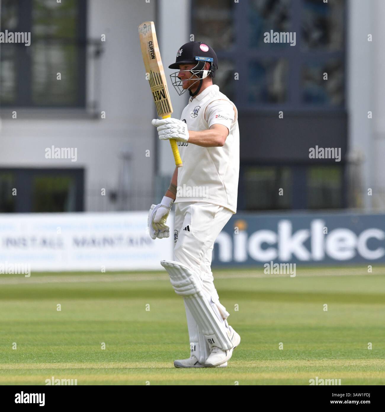 Canterbury, England. 19th Apr 2025. James Bracey celebrates reaching ...