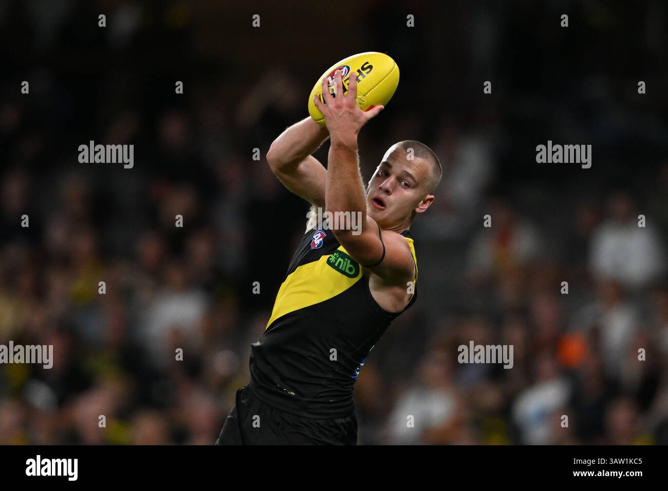 Sam Lalor of Richmond marks the footy during the AFL Round 6 match ...