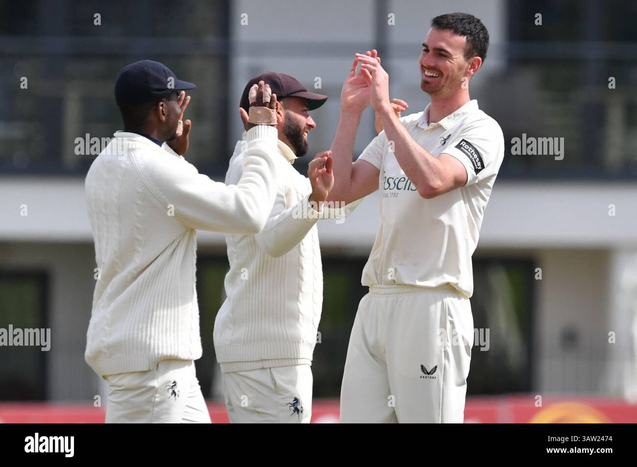 Canterbury, England. 19th Apr 2025. Nathan Gilchrist celerates taking ...