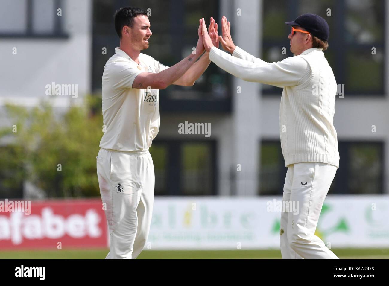 Canterbury, England. 19th Apr 2025. Nathan Gilchrist celerates taking ...