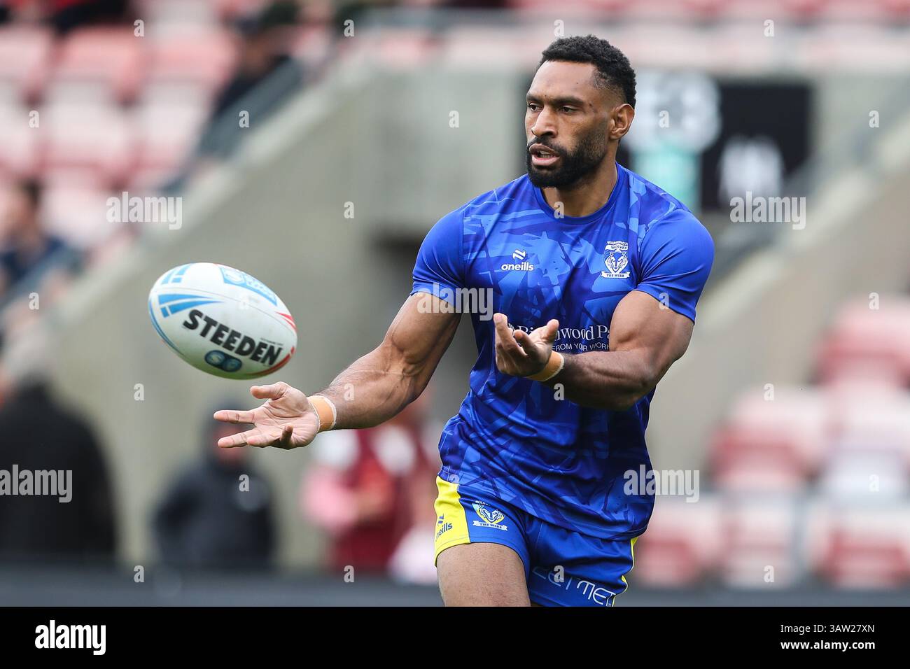 Leigh, UK. 19th Apr, 2025. Rodrick Tai of Warrington Wolves during the ...
