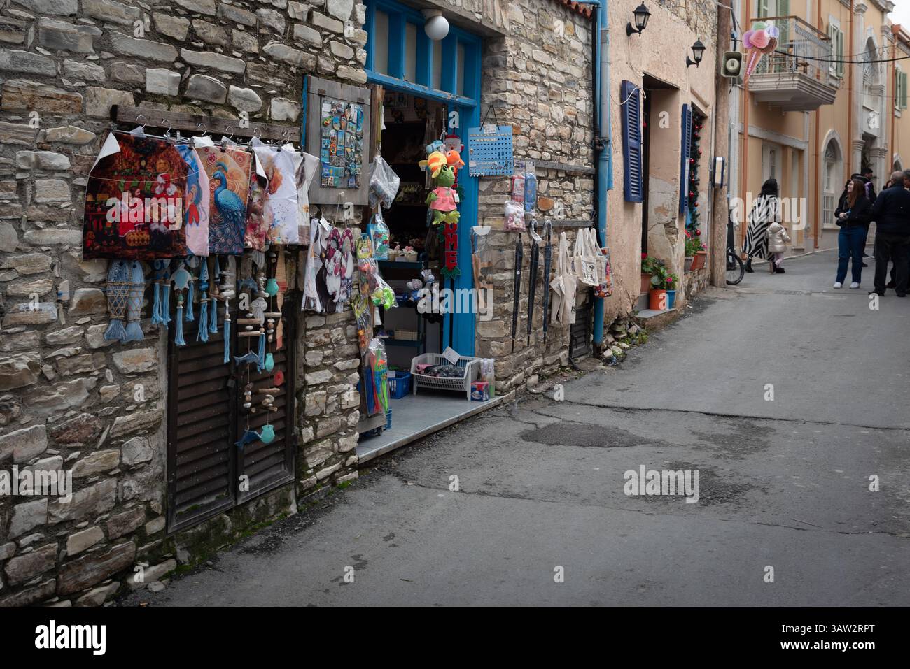 Lefkara, Cyprus, December 28, 2024: Colorful handmade souvenirs outside ...